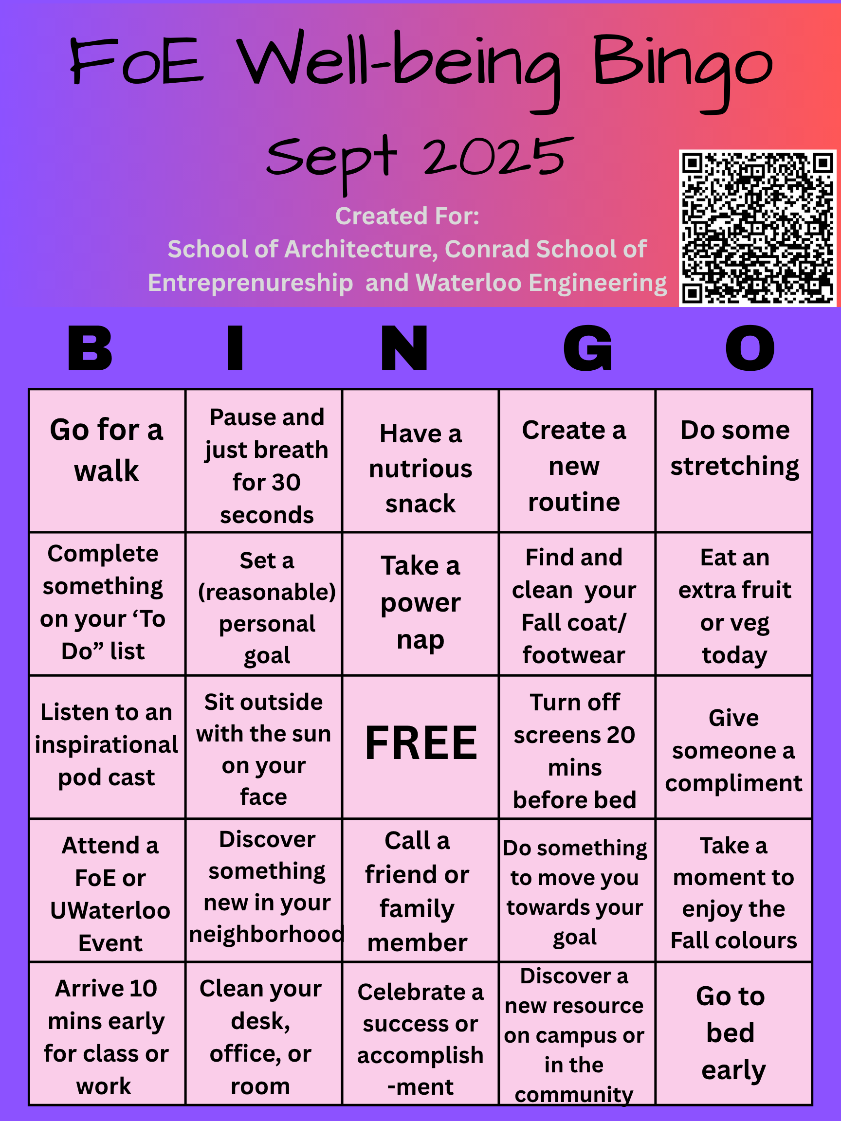 FoE Community Well-being Bingo | Engineering Wellness Program | University of Waterloo